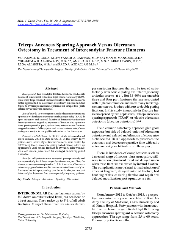 (PDF) Triceps Anconeus Sparring Approach Versus Olecranon Osteotomy in ...