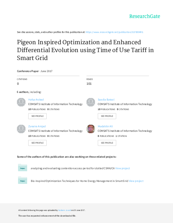 (PDF) Pigeon Inspired Optimization and Enhanced Differential Evolution Using Time of Use Tariff ...