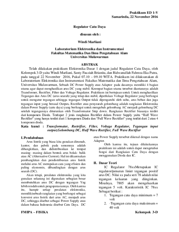 (PDF) Laporan Praktikum ELDAS 1: Regulator Catu Daya (Unedited)