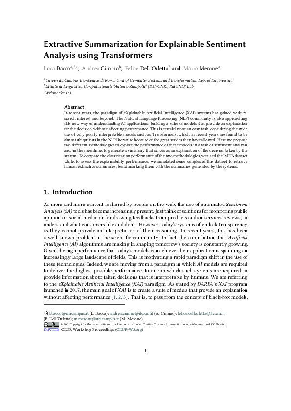 Pdf Extractive Summarization For Explainable Sentiment Analysis Using