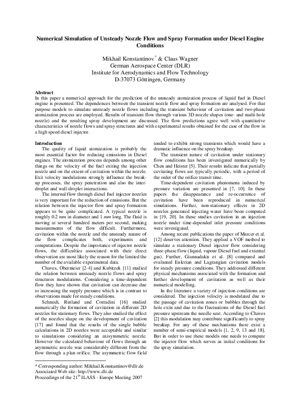 (PDF) Numerical simulation of unsteady nozzle flow and spray formation under diesel engine ...