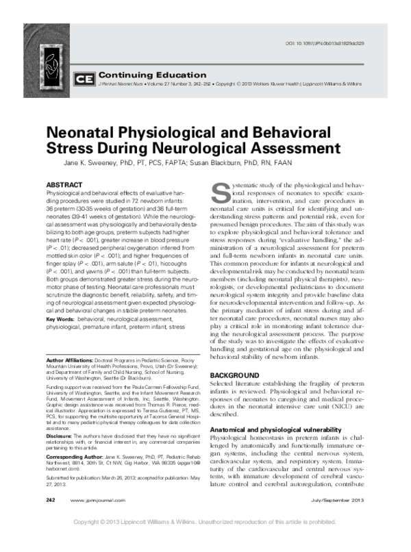 (PDF) Neonatal Physiological and Behavioral Stress During Neurological ...