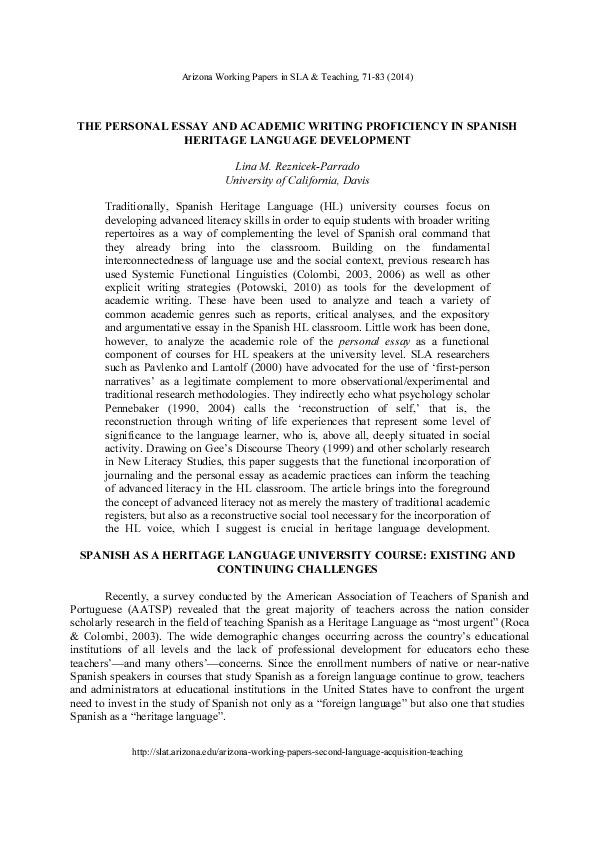 (PDF) The Personal Essay and Academic Writing Proficiency in Spanish ...