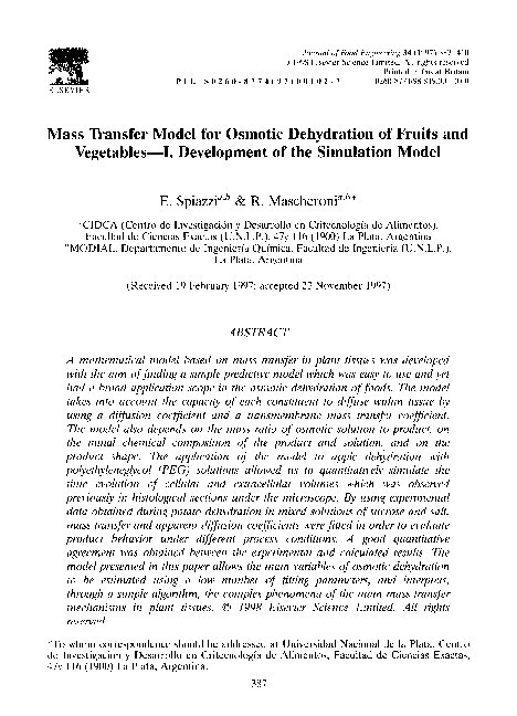 (PDF) Mass transfer model for osmotic dehydration of fruits and vegetables—I. Development of the ...