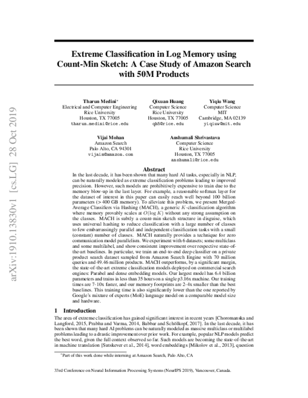 (PDF) Extreme Classification in Log Memory using Count-Min Sketch: A Case Study of Amazon Search ...