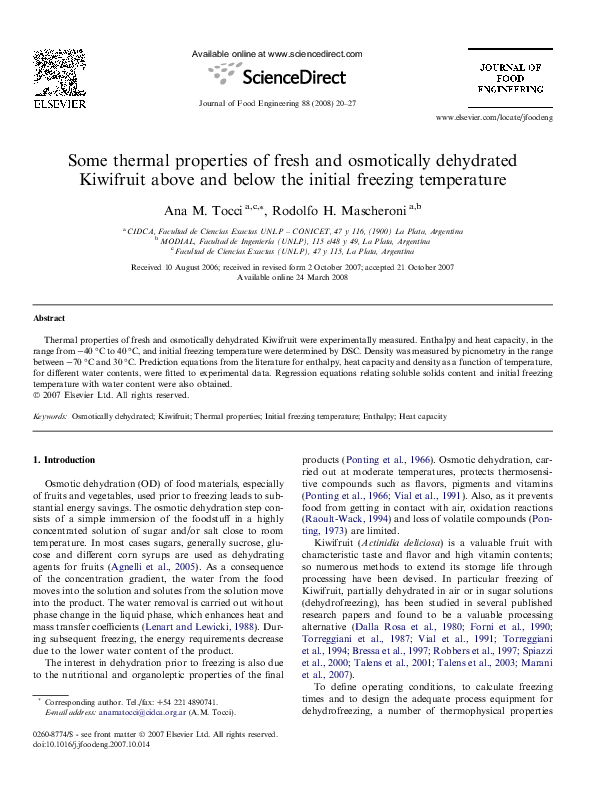 (PDF) Some thermal properties of fresh and osmotically dehydrated Kiwifruit above and below the ...
