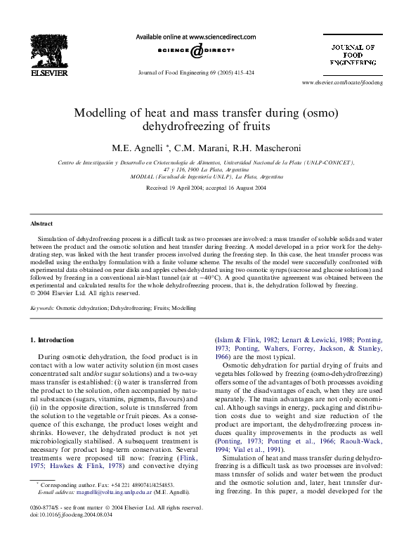 (PDF) Modelling of heat and mass transfer during (osmo) dehydrofreezing ...