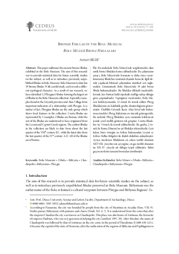 (PDF) Bronze Fibulae of the Bolu Museum