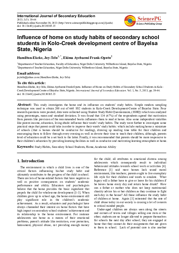 (PDF) Influence of Home on Study Habits of Secondary School Students in ...