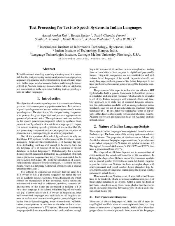 (PDF) Text processing for text-to-speech systems in indian languages