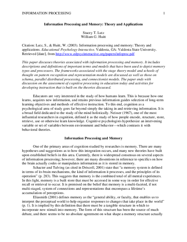 (PDF) INFORMATION PROCESSING 1 Information Processing and Memory : Theory and Applications