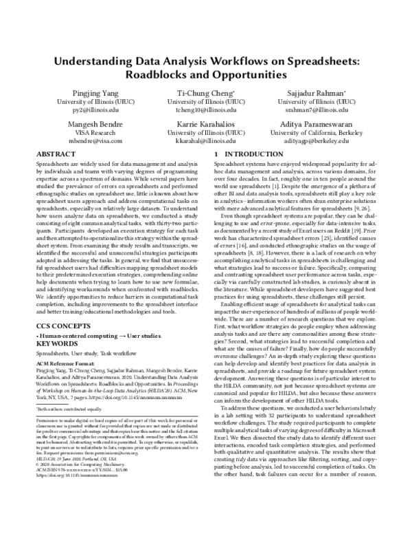 Pdf Understanding Data Analysis Workflows On Spreadsheets Roadblocks And Opportunities 