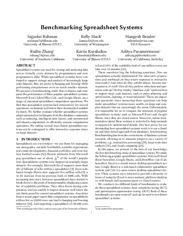 (PDF) Benchmarking Spreadsheet Systems