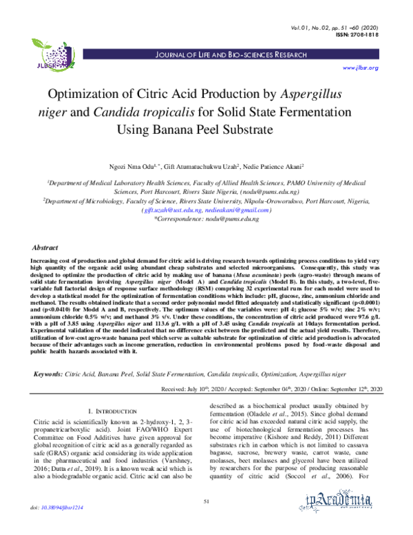(PDF) Optimization of Citric Acid Production by Aspergillus niger and Candida tropicalis for ...