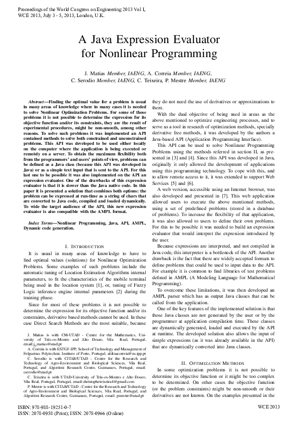 Pdf A Java Expression Evaluator For Nonlinear Programming 