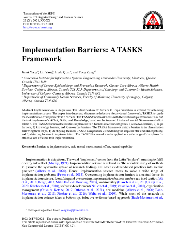 (PDF) Implementation Barriers: A TASKS Framework