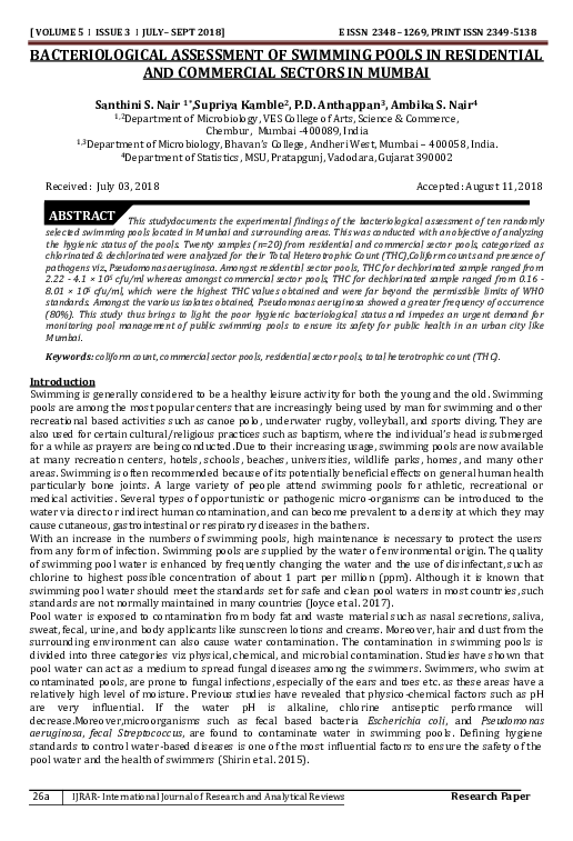 (PDF) Bacteriological Assessment of Swimming Pools in Residential and ...