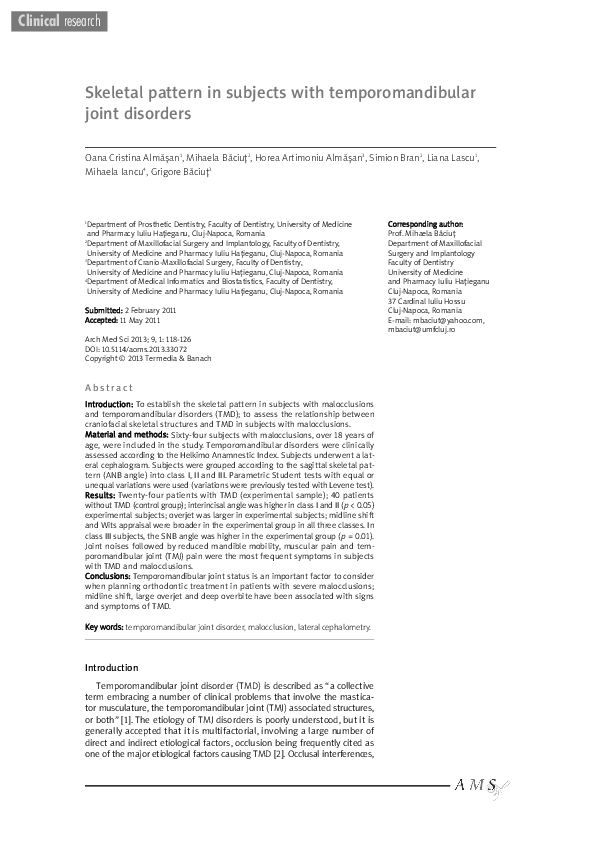 (PDF) Skeletal pattern in subjects with temporomandibular joint disorders