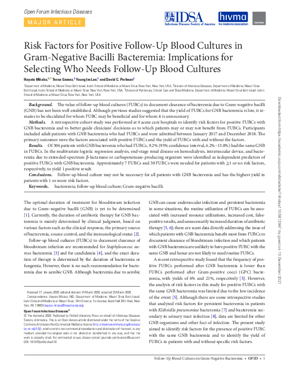 (PDF) Risk Factors for Positive Follow-up Blood Cultures in Gram ...