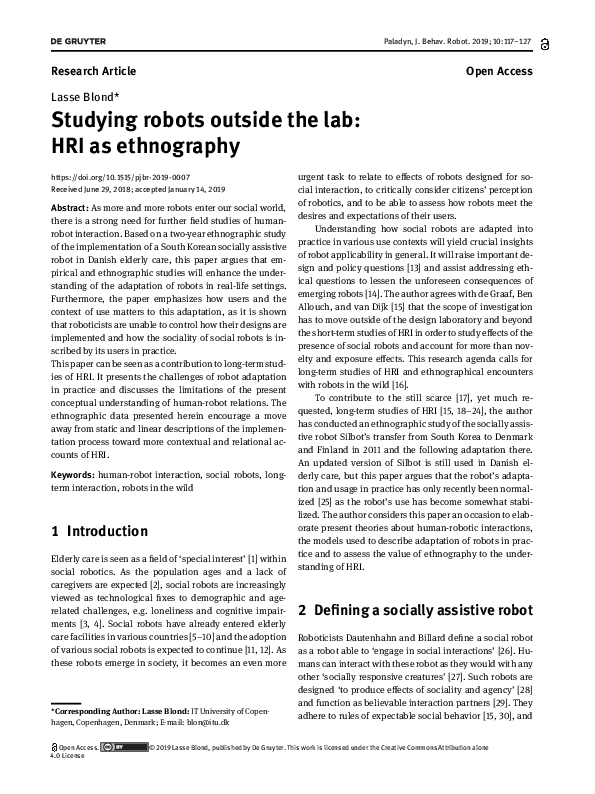 (PDF) Studying robots outside the lab: HRI as ethnography