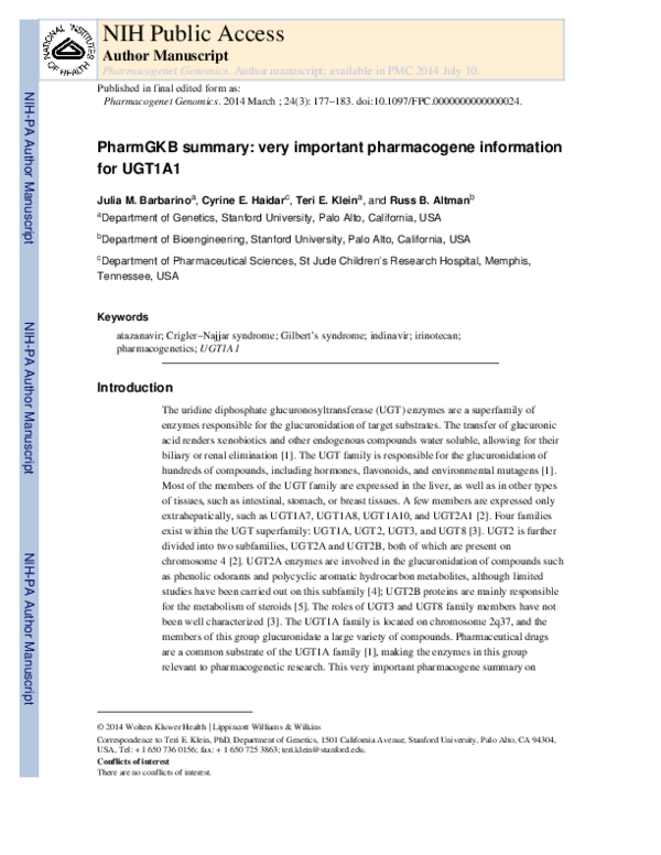 (PDF) PharmGKB summary: very important pharmacogene information for UGT1A1