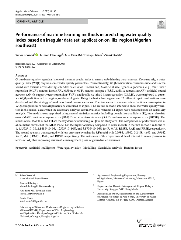 (PDF) Performance of machine learning methods in predicting water quality index based on ...
