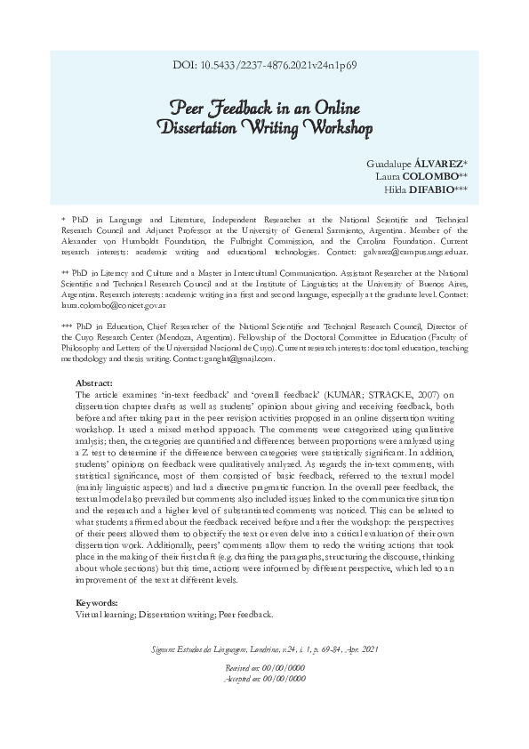 (PDF) Peer Feedback in an Online Dissertation Writing Workshop