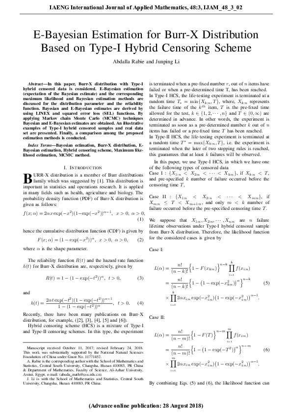 Pdf E Bayesian Estimation For Burr X Distribution Based On Type I