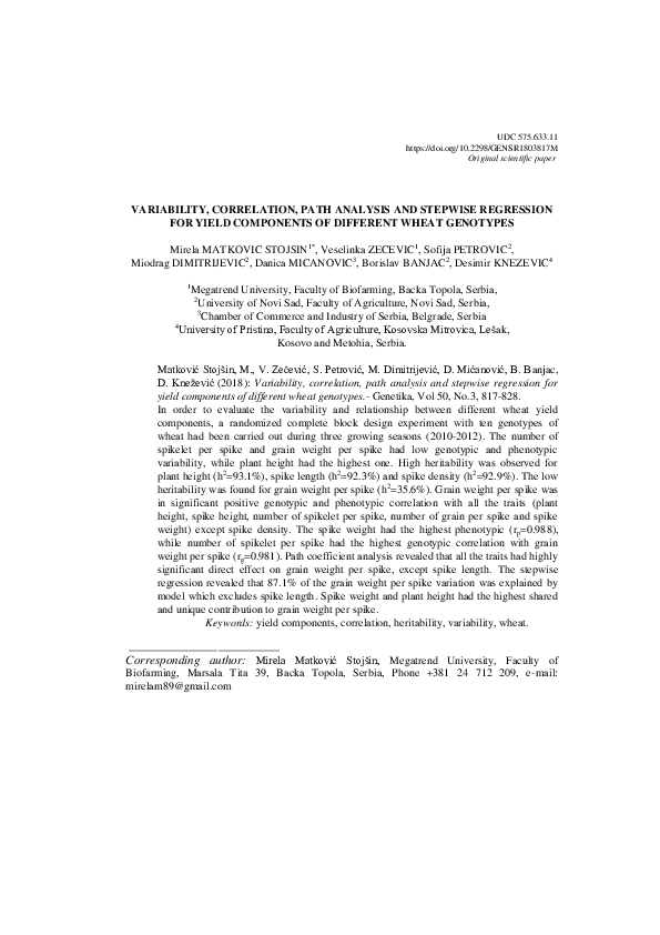 (PDF) Variability, correlation, path analysis and stepwise regression for yield components of ...