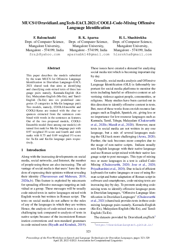 (PDF) MUCS@DravidianLangTech-EACL2021:COOLI-Code-Mixing Offensive Language Identification