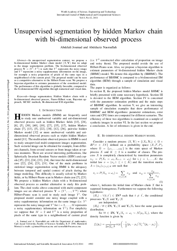 Pdf Unsupervised Segmentation By Hidden Markov Chain With Bi Dimensional Observed Process