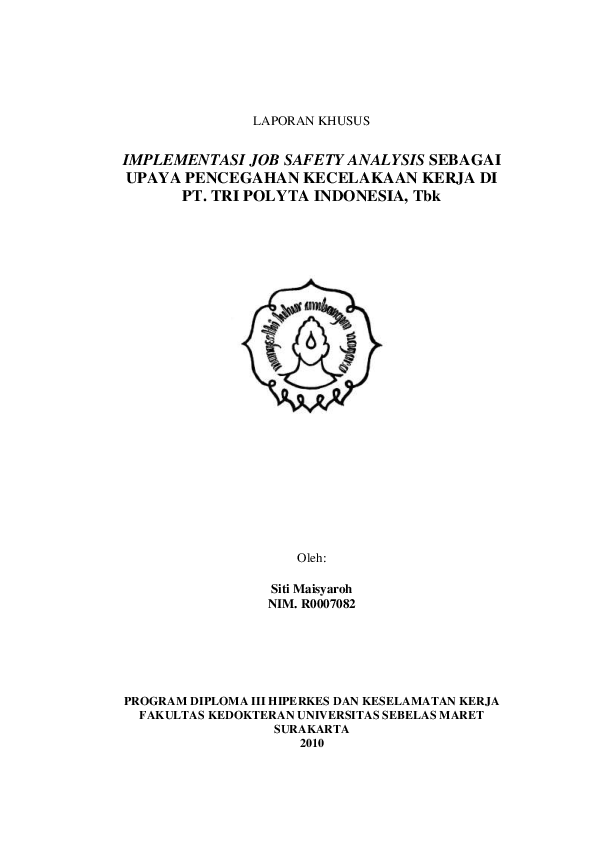 (PDF) IMPLEMENTASI JOB SAFETY ANALYSIS SEBAGAIUPAYA PENCEGAHAN KECELAKAAN KERJA DI PT. TRI ...