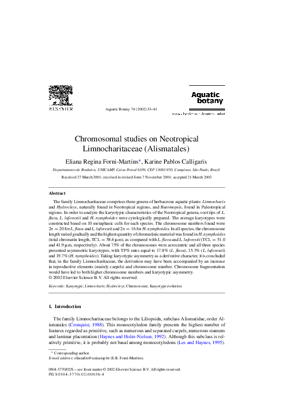 (PDF) Chromosomal studies on Neotropical Limnocharitaceae (Alismatales)