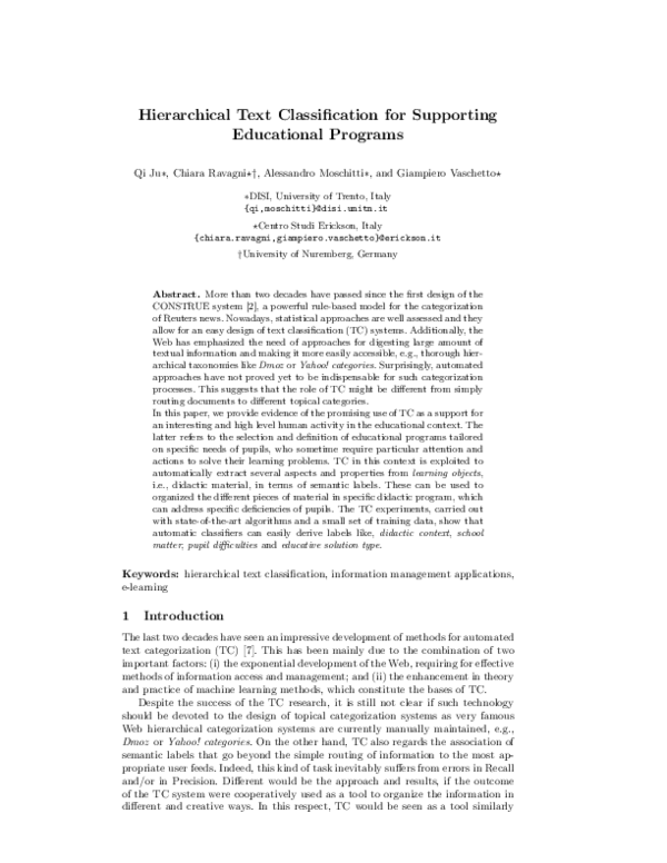 (PDF) Hierarchical Text Classification for Supporting Educational Programs