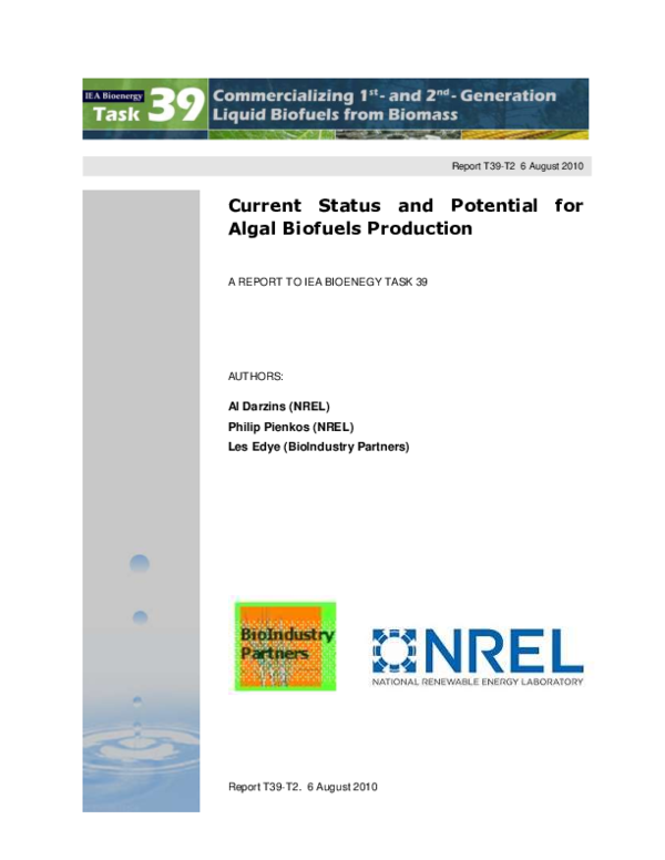 (PDF) Algae as a Feedstock for Biofuels An Assessment of the Current Status and Potential for ...