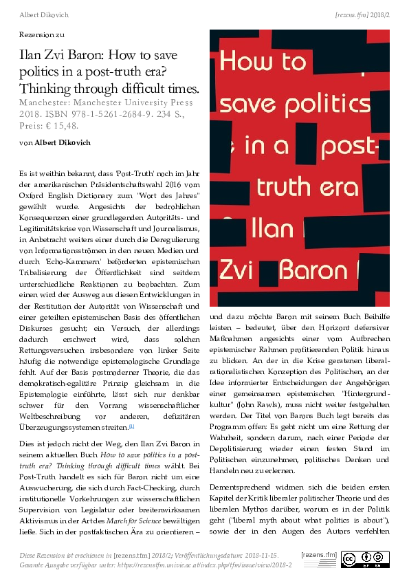 (PDF) Rezension zu: Ilan Zvi Baron: How to save politics in a post ...