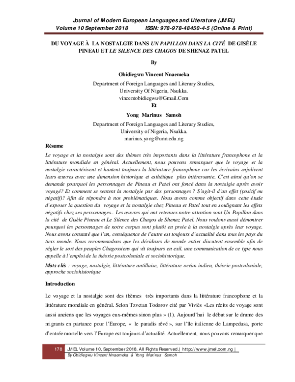 (PDF) Du Voyage À La Nostalgie Dans Un Papillon Dans La Cité De Gisèle ...