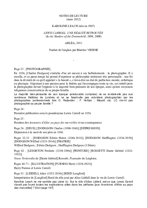 (PDF) Karoline Leach Lewis Carroll Une realite retrouvee notes