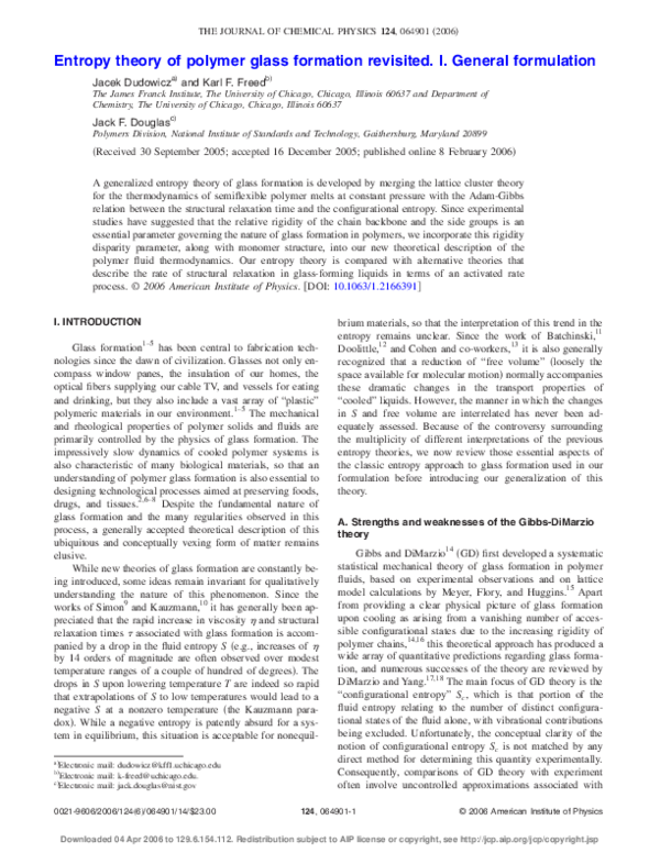 (PDF) Entropy theory of polymer glass formation revisited. I. General ...