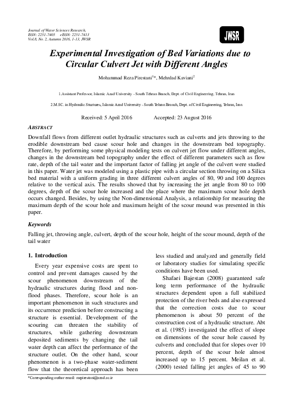 (PDF) Experimental Investigation of Bed Variations due to Circular ...