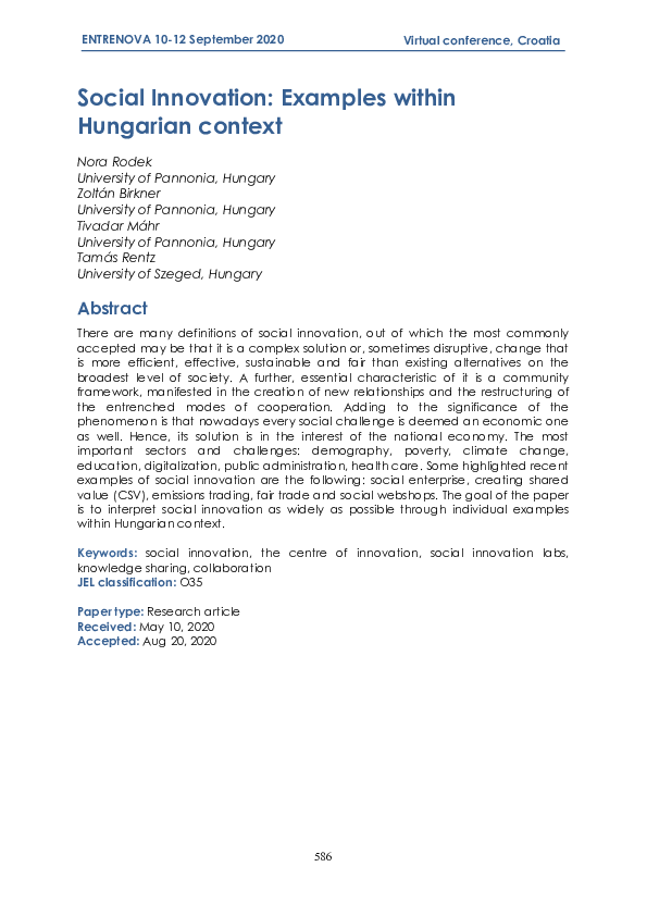 (PDF) Social Innovation: Examples within Hungarian context