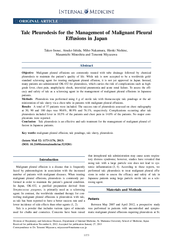 (PDF) Talc Pleurodesis for the Management of Malignant Pleural ...