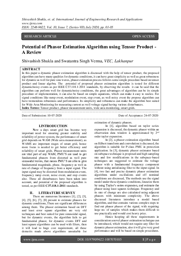 Pdf Potential Of Phasor Estimation Algorithm Using Tensor Product A Review