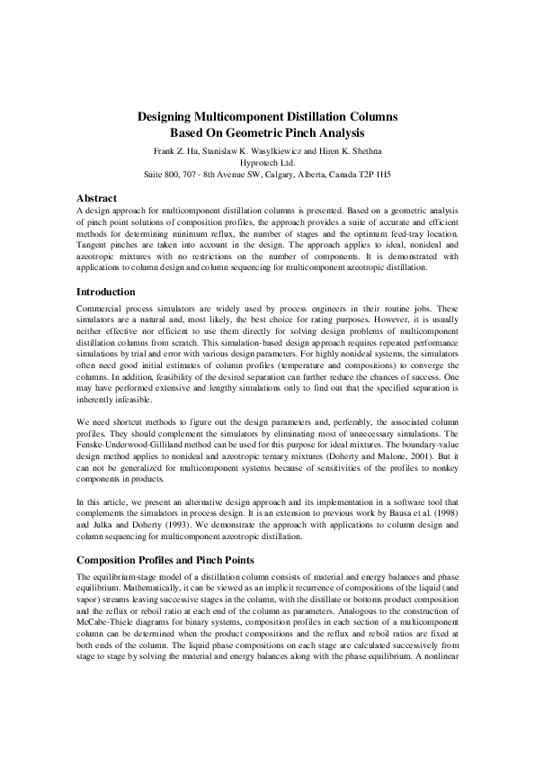 (PDF) Designing Multicomponent Distillation Columns Based On Geometric Pinch Analysis