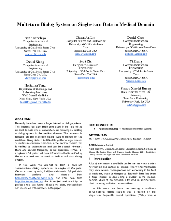 (PDF) Multi-turn Dialog System on Single-turn Data in Medical Domain