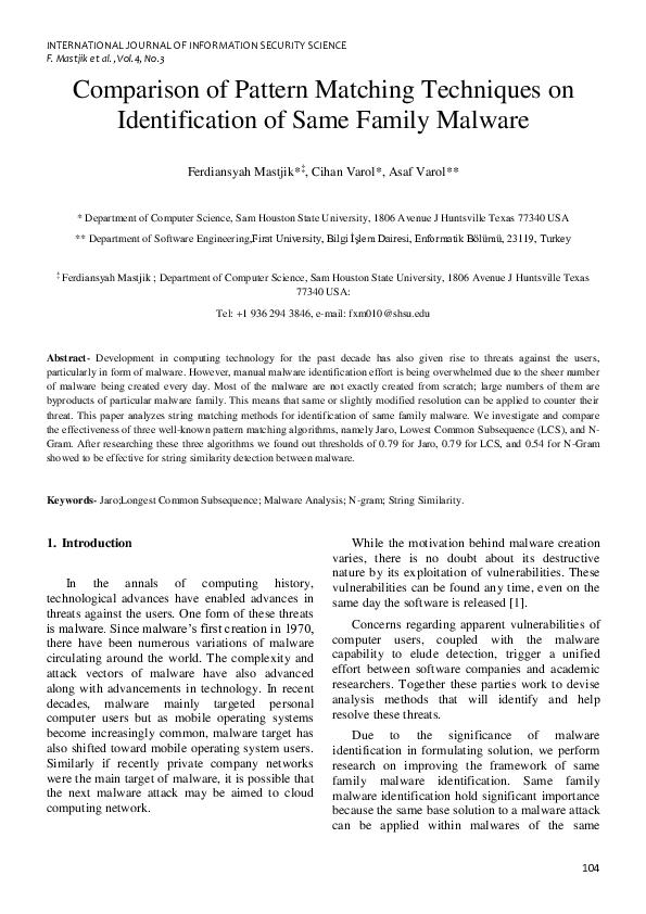 (PDF) Comparison of Pattern Matching Techniques on Identification of Same Family Malware