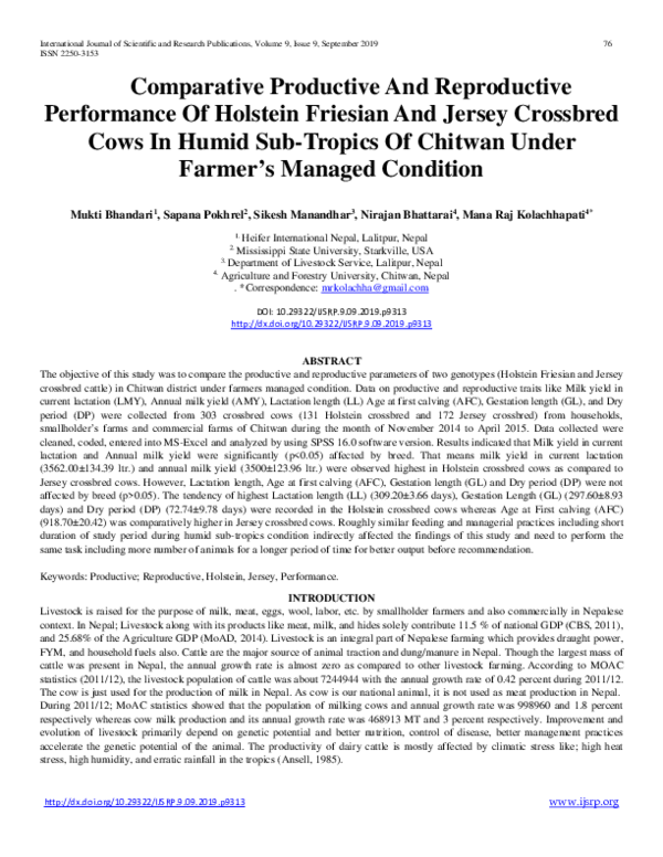 (PDF) Comparative Productive And Reproductive Performance Of Holstein Friesian And Jersey ...