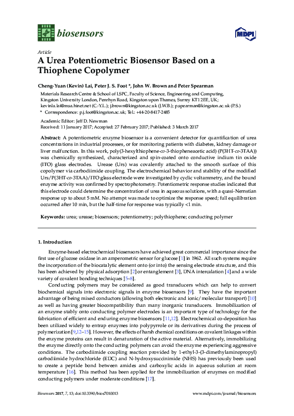 (PDF) A Urea Potentiometric Biosensor Based on a Thiophene Copolymer