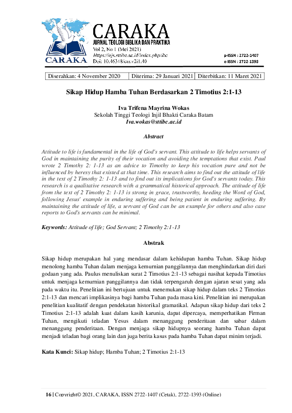(PDF) Sikap Hidup Hamba Tuhan Berdasarkan 2 Timotius 2:1-13