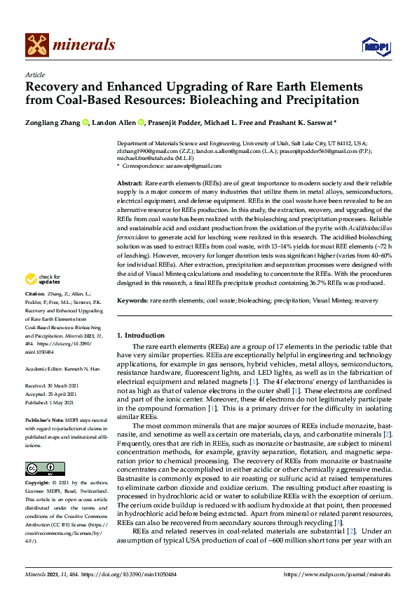 (PDF) Recovery and Enhanced Upgrading of Rare Earth Elements from Coal ...